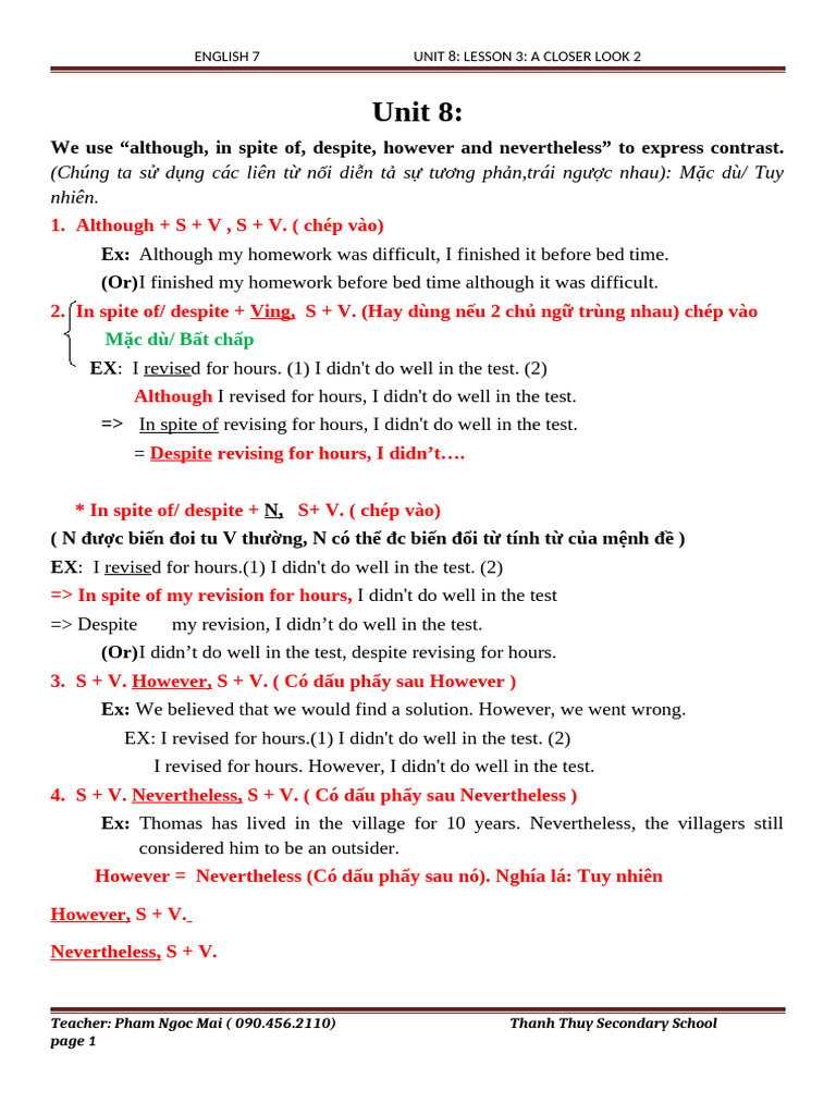 Revision of English 7 Unit 8 | PDF