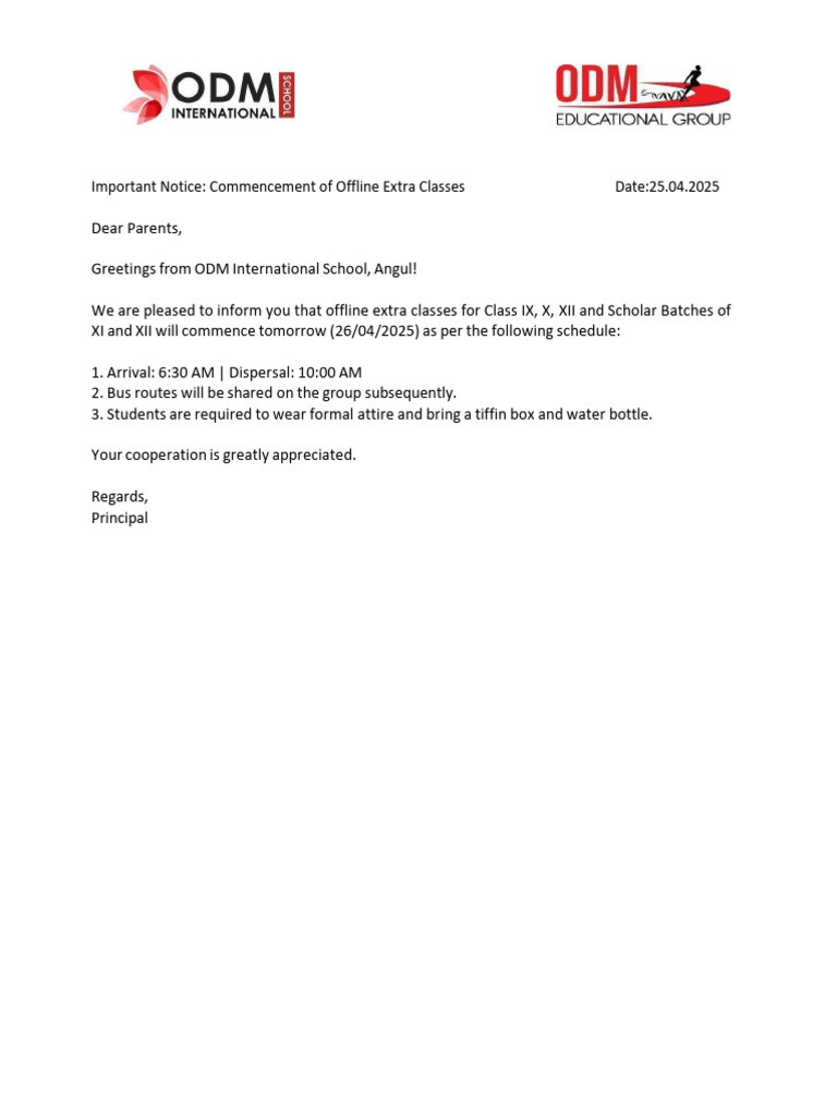 Offline Extra Classes Notice for Parents | PDF