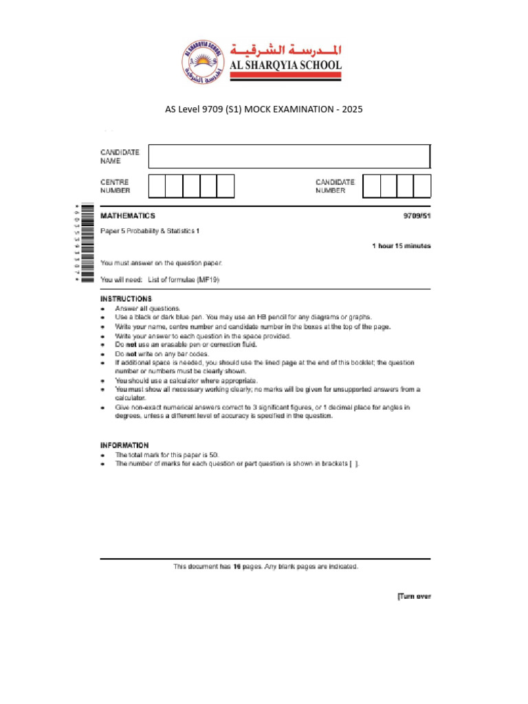 MOCK EXAM - AS Level - 9709-S1 STATISTICS | PDF | Standard Deviation ...