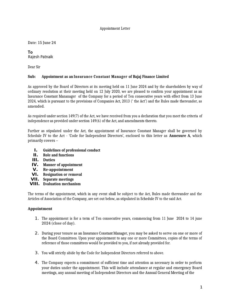 Appointment - Letter - Insurance Constant | PDF | Expense | Conflict Of ...