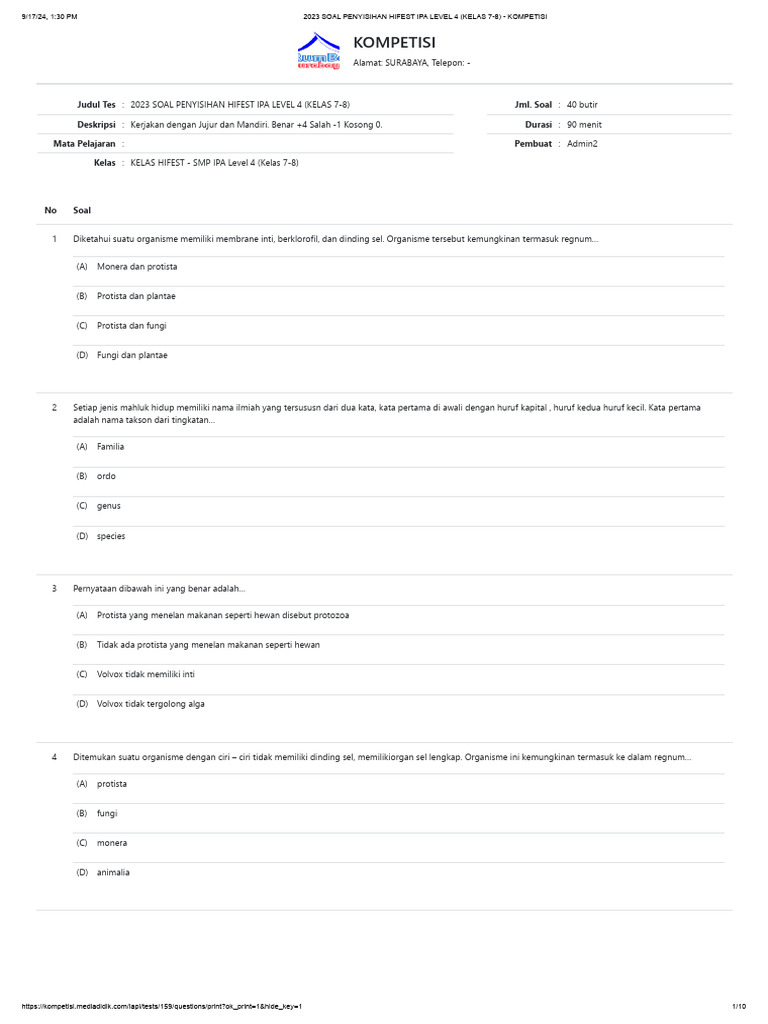 2023 Soal Penyisihan Hifest Ipa Level 4 (Kelas 7-8) - Kompetisi | PDF