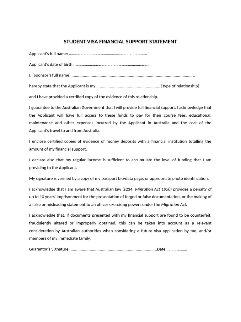 Student Visa Financial Support Statement | PDF