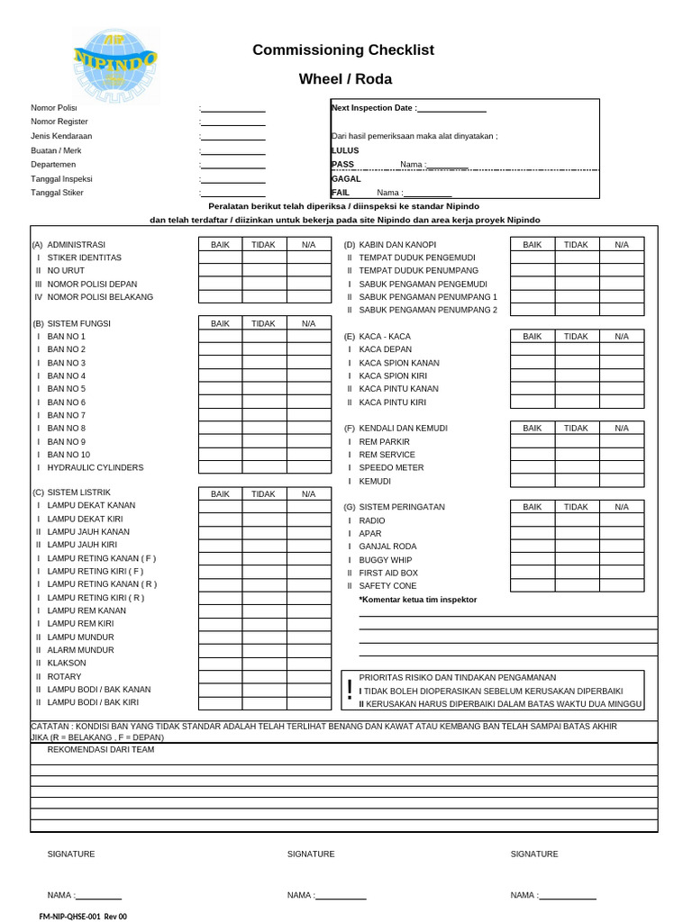 (FM-NIP-QHSE-001) Commissioning Checklist (Wheel) | PDF