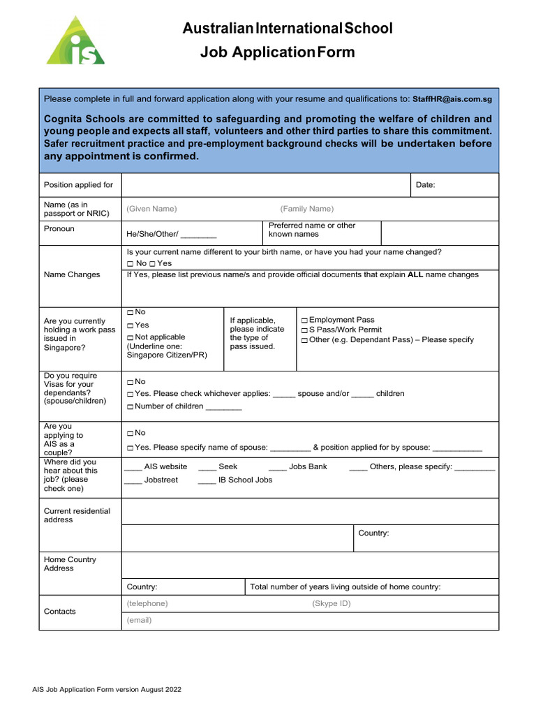 AIS Job Application Form 2022 | PDF | Background Check | Salary