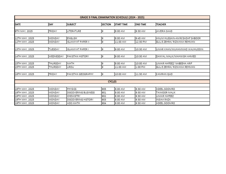 Grade 9 Final Examination Schedule | PDF