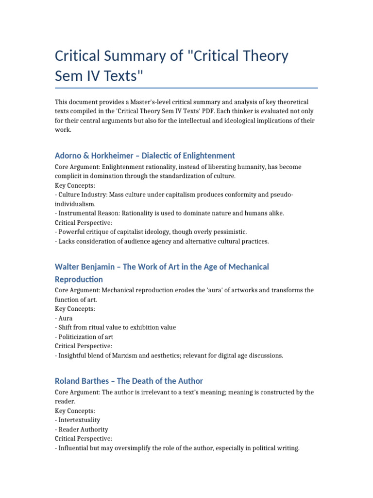 Critical Theory Sem IV Texts Summary | PDF | Critical Theory | Liberal ...