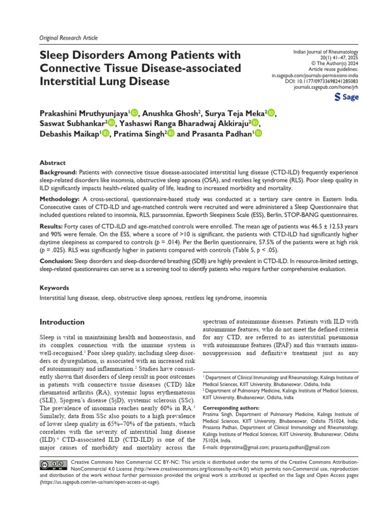 Mruthyunjaya Et Al 2024 Sleep Disorders Among Patients With Connective Tissue Disease Associated ...