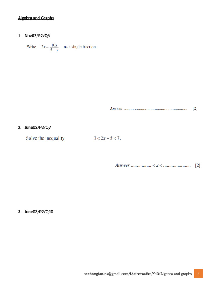 Y10 Algebra and Graphs Questions | PDF | Mathematics | Algebra