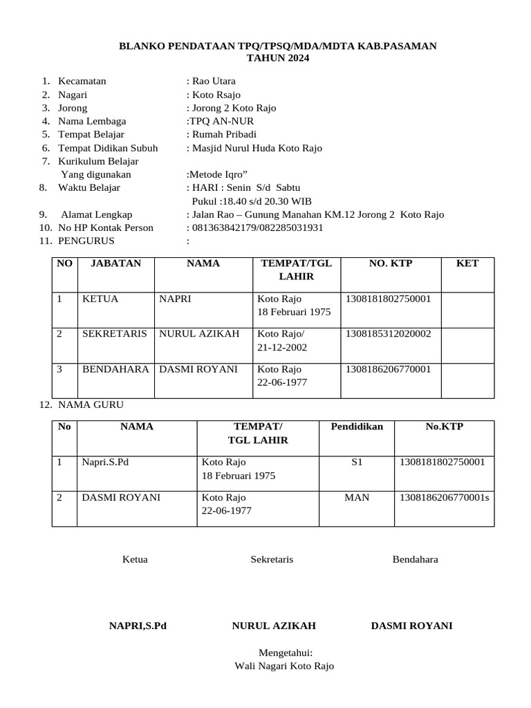 Blanko Pendataan TPQTPSQMDA 2024 | PDF