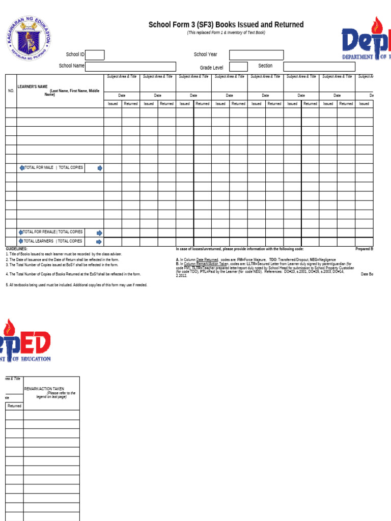 School Form 3 (SF3) Books Issued and Returned | PDF