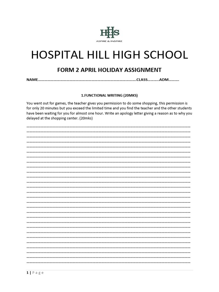 Hospital Hill High School Holiday Assignment | PDF