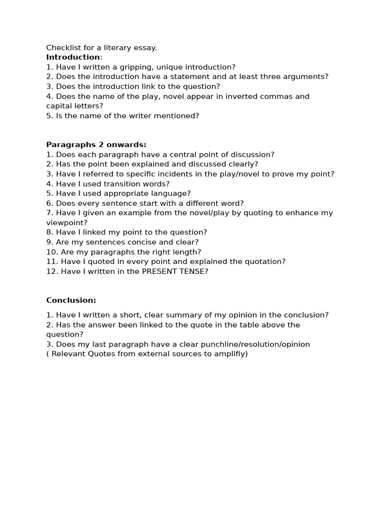 Checklist For Literary Essay. | PDF