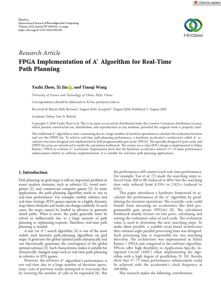 Fpga Implementation Of A∗ Algorithm For Real Time Pdf Field