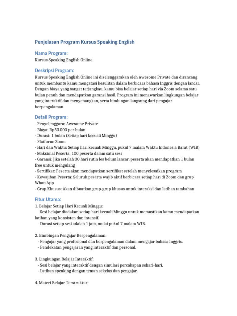 Penjelasan Program Kursus Speaking English Dengan FAQ2 | PDF