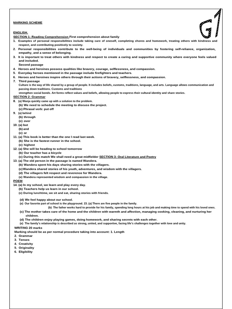 G7 English Marking Scheme 1 | PDF | Hero | Social Psychology