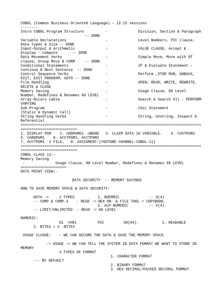 COBOL Class 12 - Data Security - Memory Saving | PDF | Binary Coded Decimal | Byte