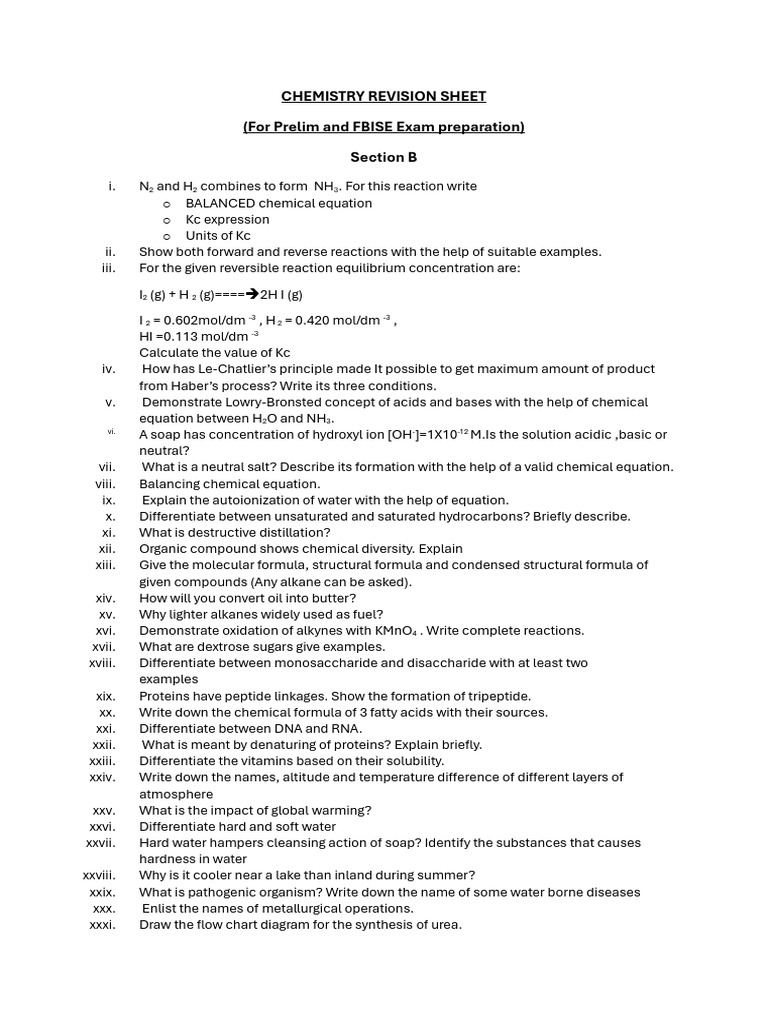 Chemistry Revision Sheet | PDF | Chemical Reactions | Chemistry