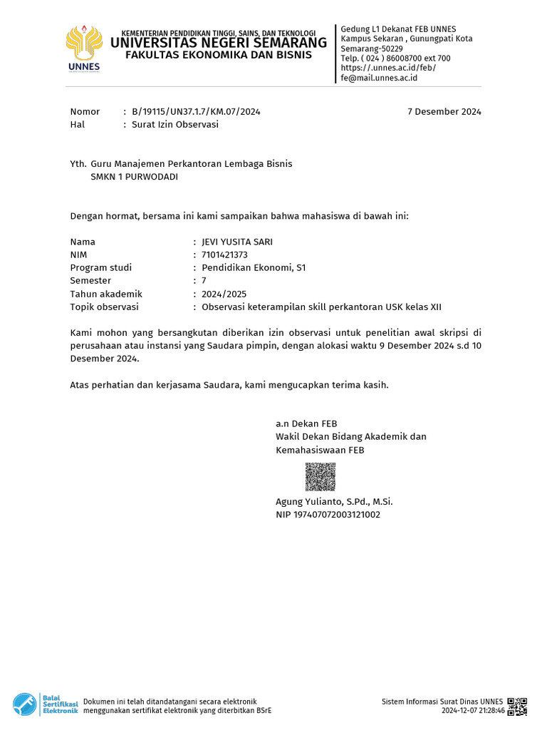 Surat Izin Observasi Mahasiswa FEB UNNES | PDF