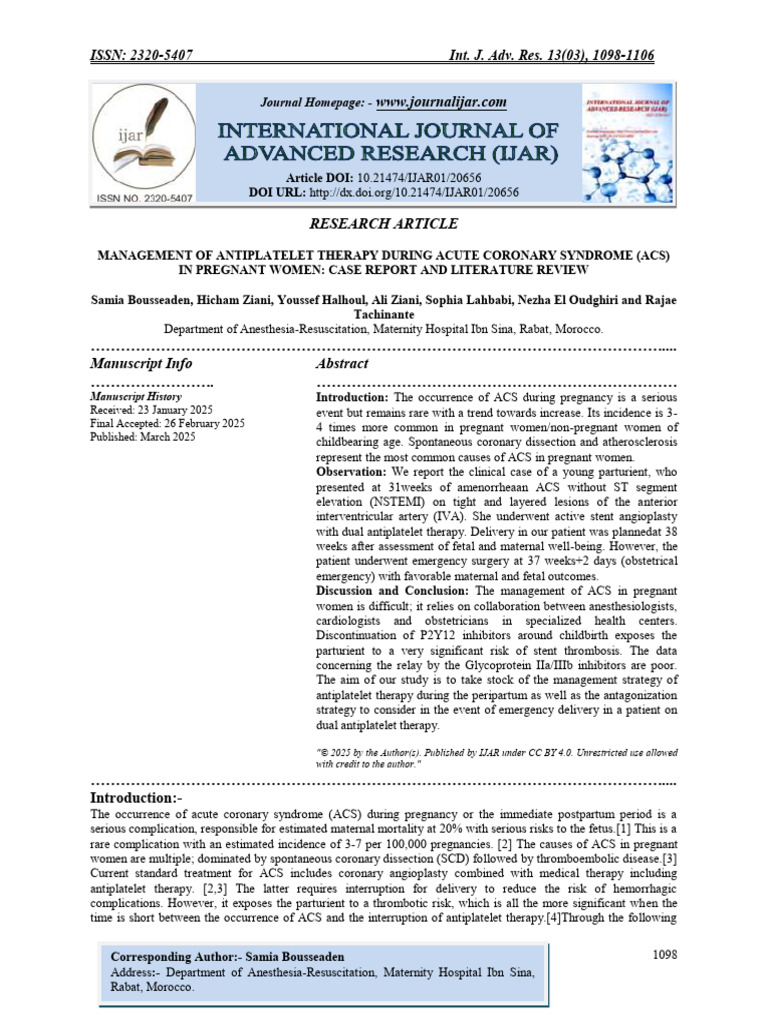Antiplatelet Therapy in Pregnant ACS Cases | PDF | Childbirth | Platelet