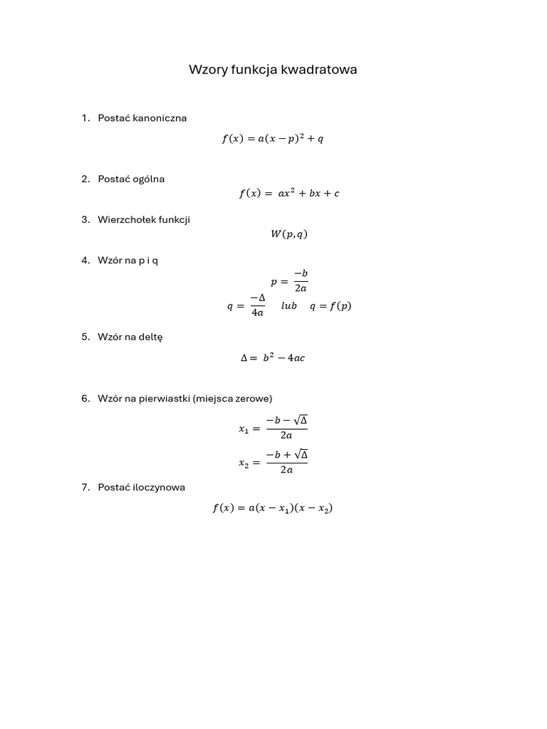 Wzory Funkcja Kwadratowa | PDF