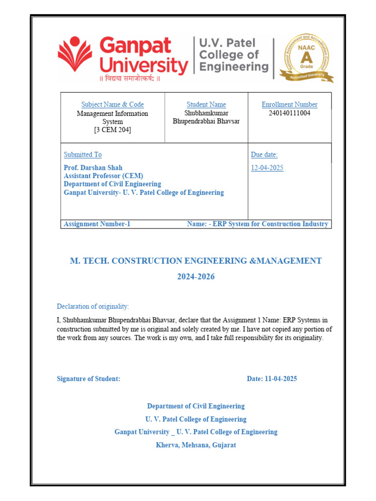 Assignment 1 Erp System in Construction Industry | PDF | Enterprise Resource Planning | Concrete