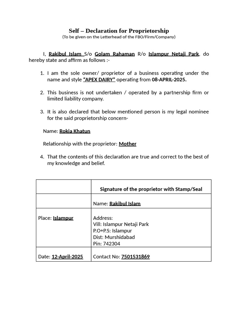 Self-Declaration for Proprietorship | PDF