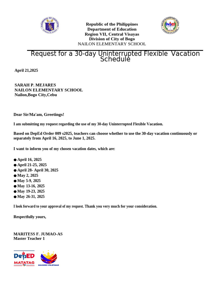 Letter Request Uninterrupted Vacation | PDF