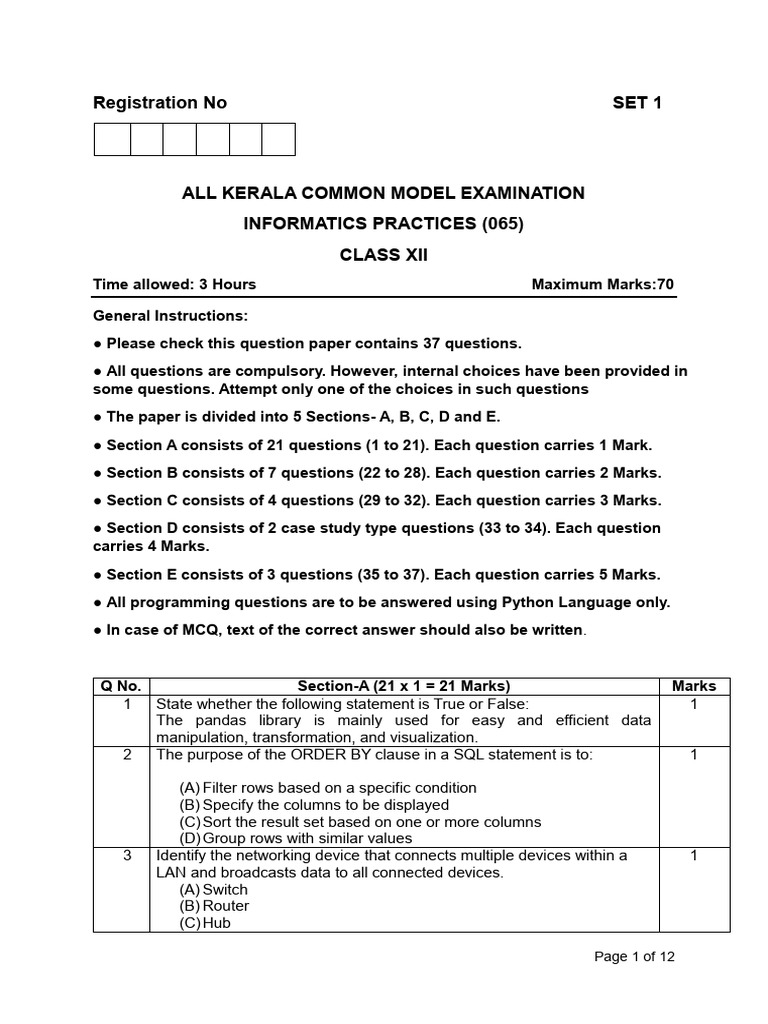 Class Xii Ip SQP 2024 - Set 1 | PDF | Computing | Data Management