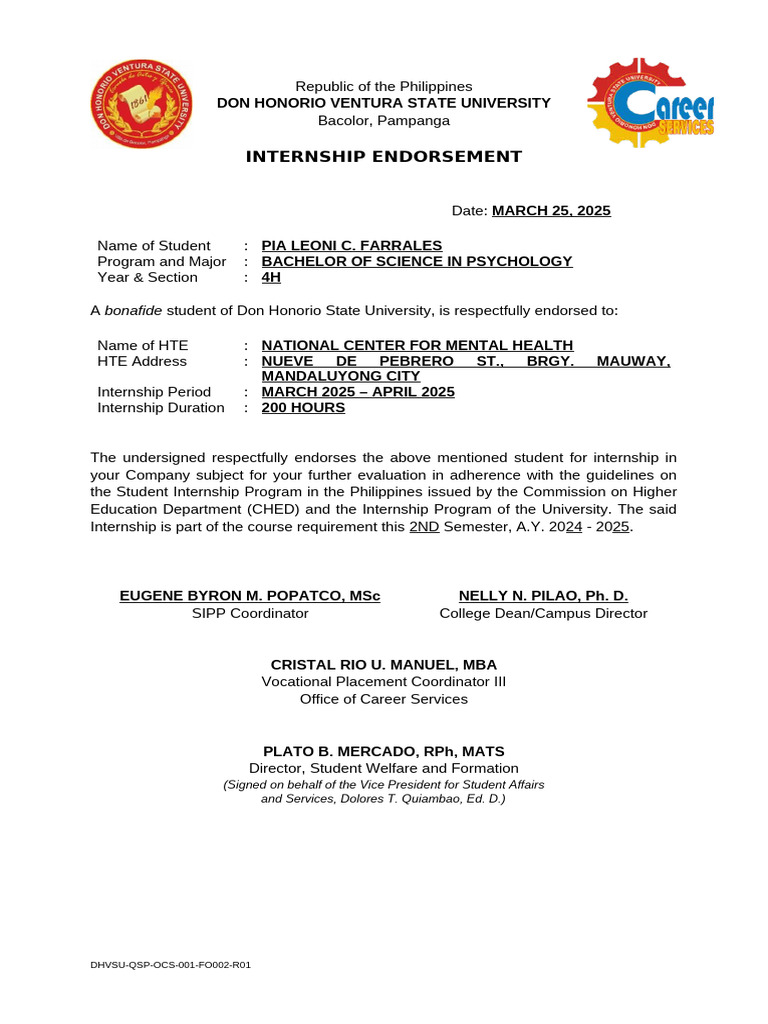 2 NCMH 06 - Internship Endorsement Form | PDF
