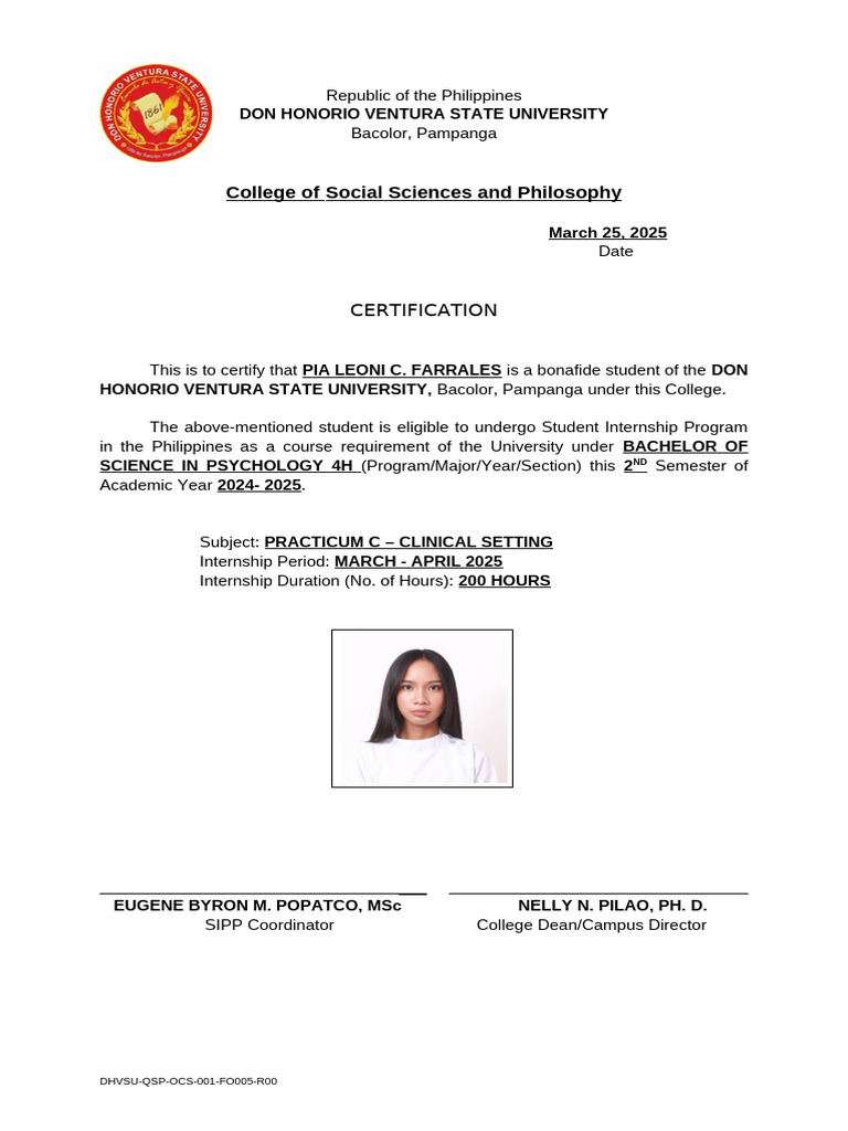 2 NCMH 07 - Dhvsu QSP Ocs 001 Fo005 R00 - Certification Form | PDF