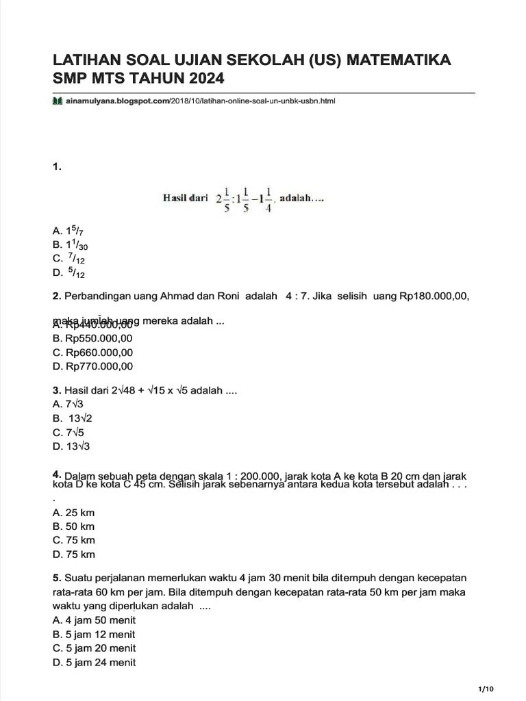PDF Latihan Soal Ujian Sekolah Us Matematika SMP Mts Tahun 2024 - Compress | PDF