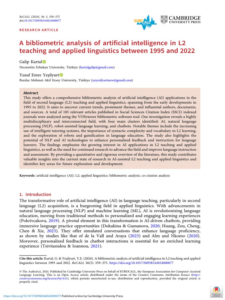 A Bibliometric Analysis of Artificial Intelligence in L2 Teaching | PDF | Artificial ...