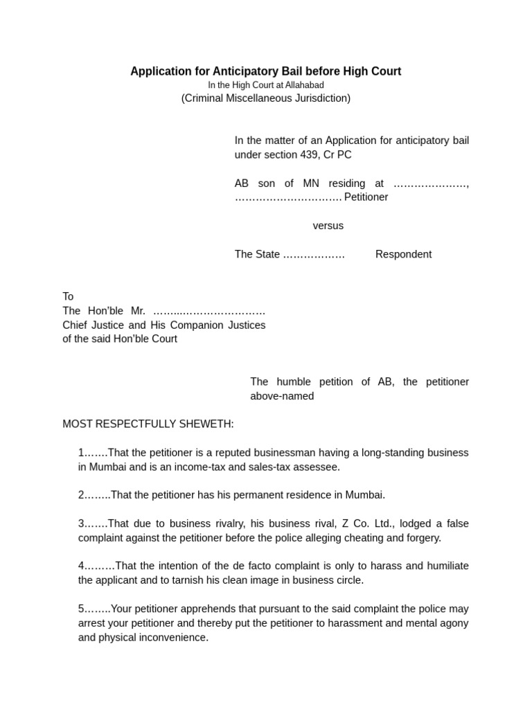 Anticipatory Bail Application in High Court | PDF | Bail | Criminal Justice