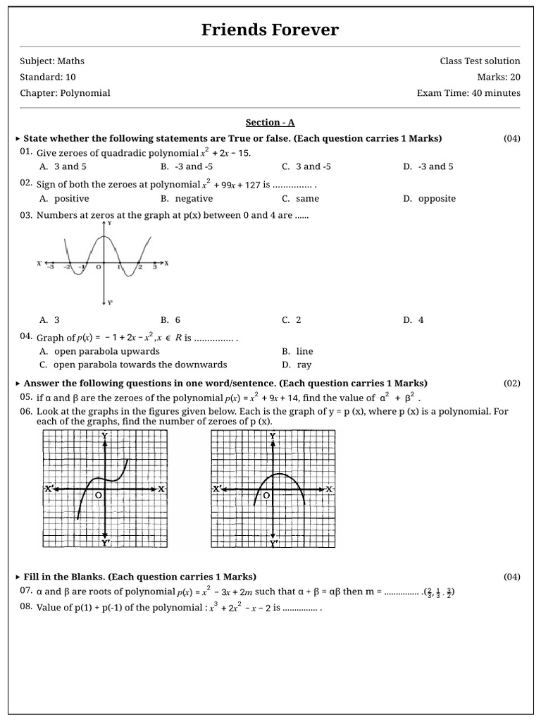 Class 10 Maths CH 2 Polynomials Test Gseb | PDF | Quadratic Equation ...