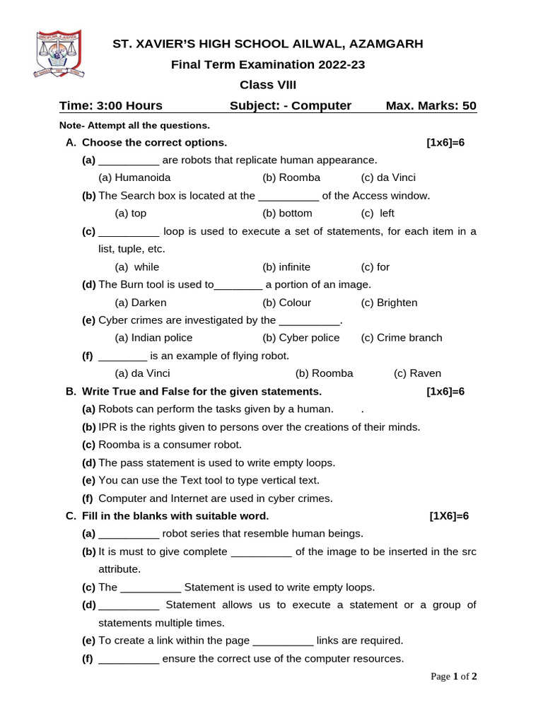 NEW Class-VIII Final Term Examination 2022-23 | PDF | Computing