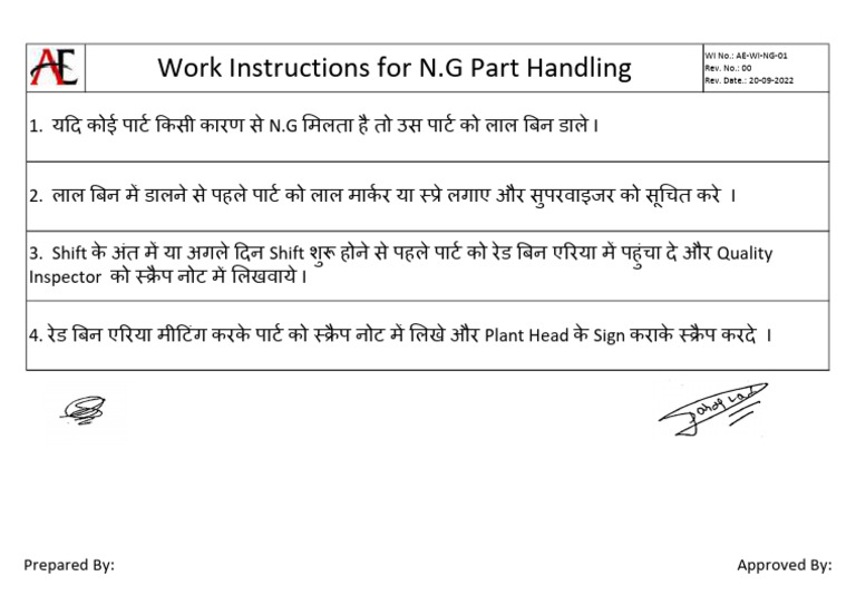 NG Part Handling WI | PDF