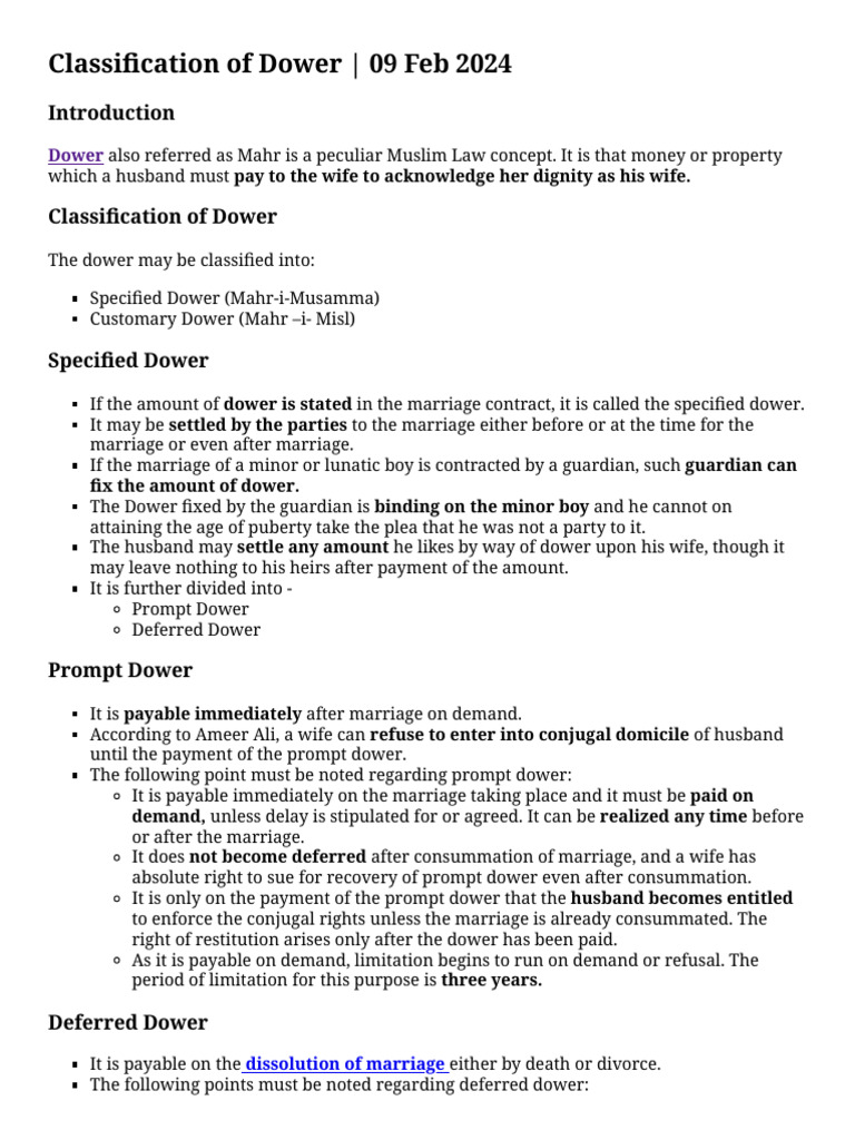 To The Point - TTP Muslim Law - Classification of Dower - Print 2 | PDF | Marriage | Private Law