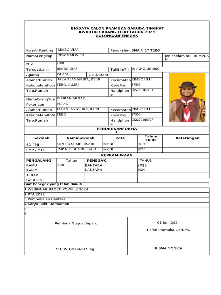 Biodata Risma Monica Calon Pramuka Garuda | PDF