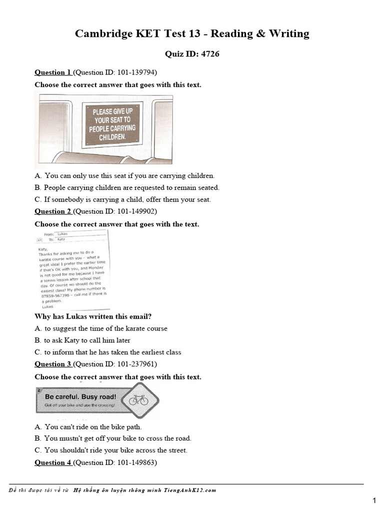 Quiz - 4726 - Cambridge Ket Test 13 - Reading Writing | PDF | Yoga ...