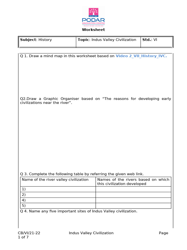 Indus Valley Civilization Worksheet for VI | PDF