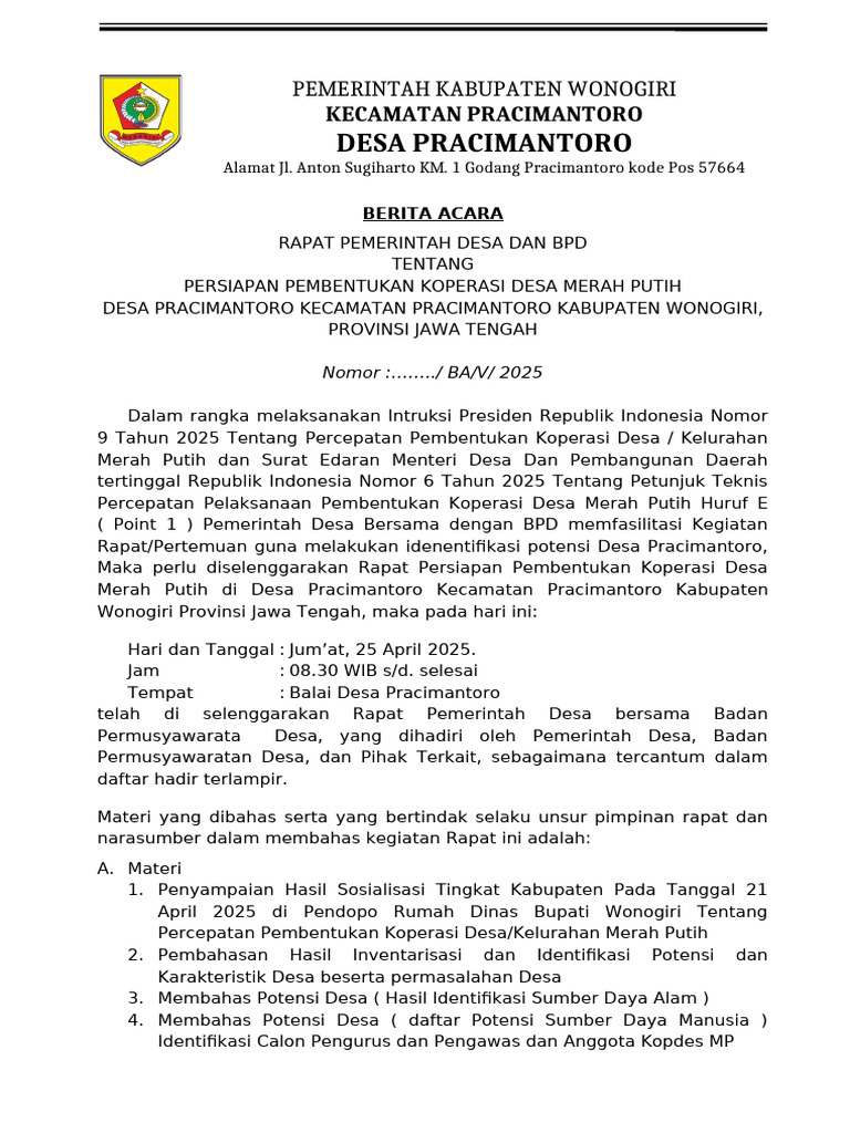 BA. Rapat Pemdes Dan BPD Persiapan Pembentukan KDMP | PDF