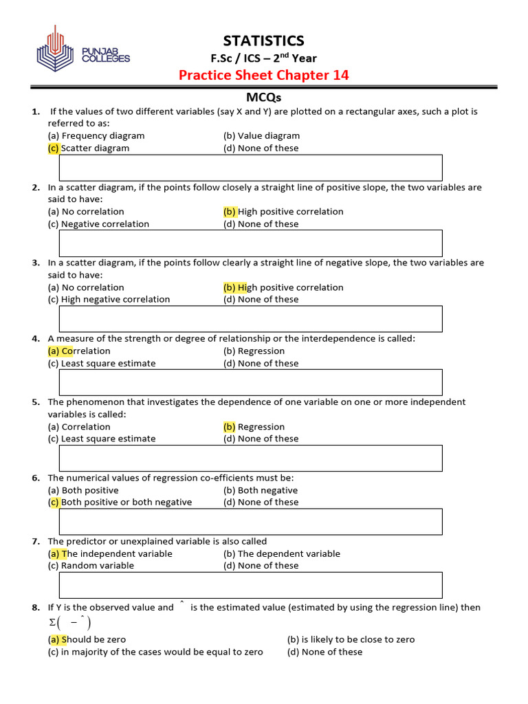Statistics 2nd Year Practice Sheet CH#14 | PDF | Linear Regression | Regression Analysis