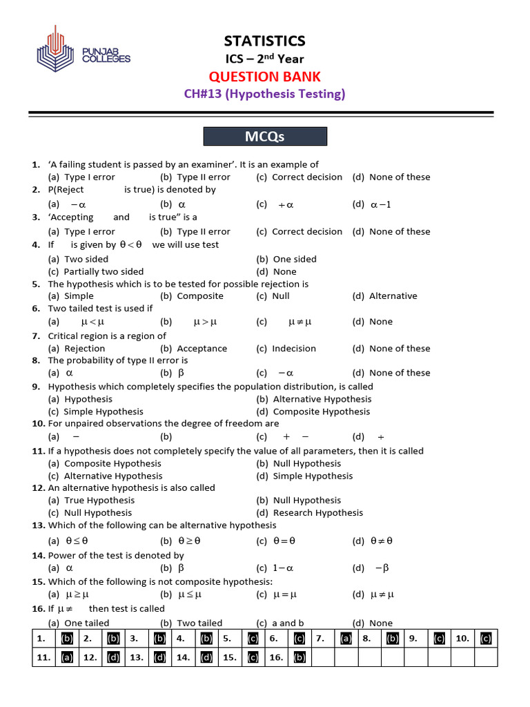 2nd Year Statistics Question Bank CH#13 | PDF | Type I And Type Ii ...
