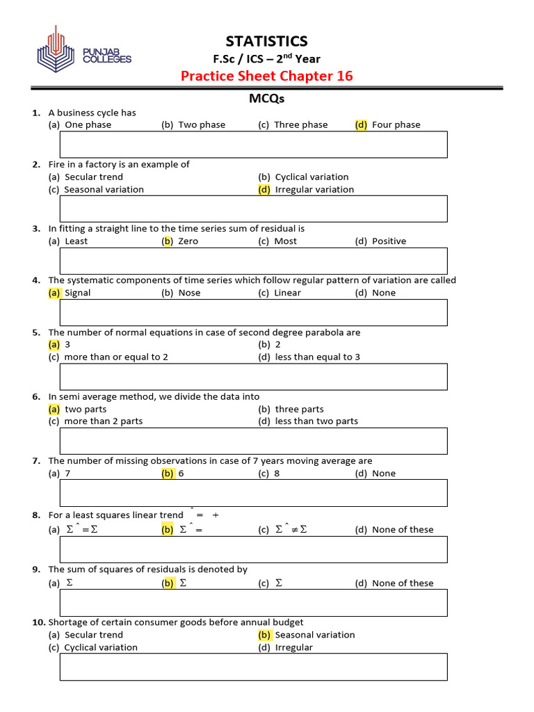 Statistics 2nd Year Practice Sheet CH#16 | PDF | Business Cycle ...