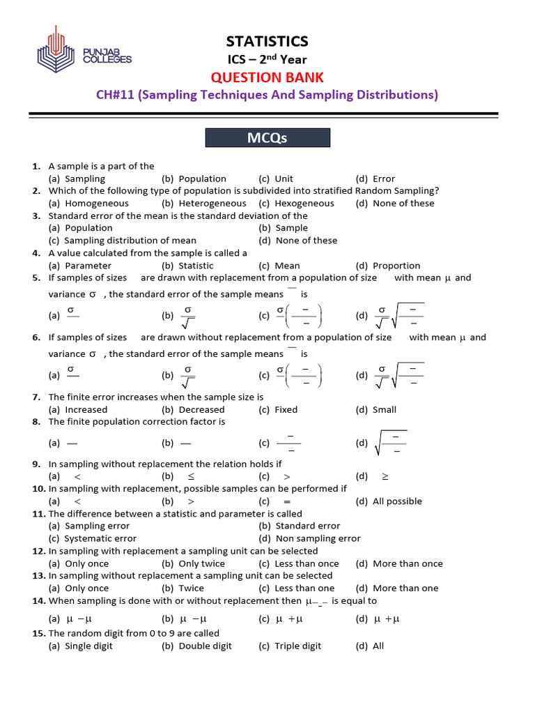 2nd Year Statistics Question Bank CH#11 (Updated) | PDF | Standard Error | Sampling (Statistics)