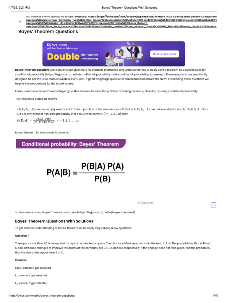 Bayes' Theorem Questions With Solutions | PDF | Odds | Area