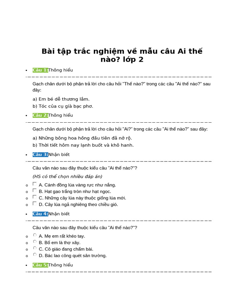 Bài tập trắc nghiệm về mẫu câu Ai thế nào | PDF