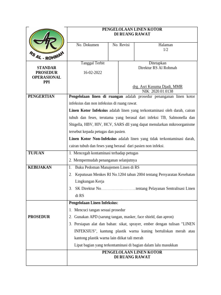 SPO-Pengelolaan Linen Di Bangsal | PDF