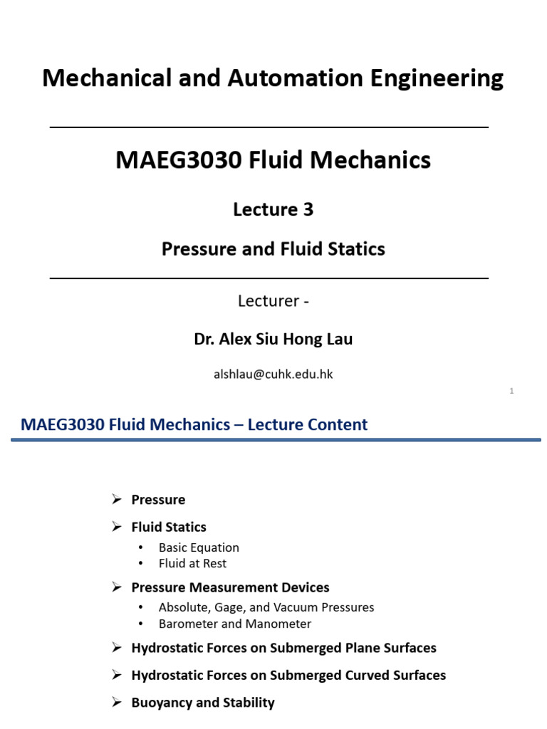 MAEG 3030 Lecture 3 Fluid Statics | PDF | Pressure | Stress (Mechanics)