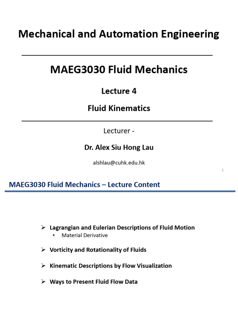 MAEG 3030 Lecture 4 Fluid Kinematics | PDF | Vortices | Continuum Mechanics